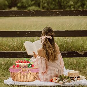 Wicker Picnic Basket with Liner, Wooden Split Lid Picnic Basket, Vintage-Style Wicker Picnic Hamper with Folding Woven Handle for Picnic, Camping, Outdoor, Valentine Day, Thanks Giving, Birthday (Red)