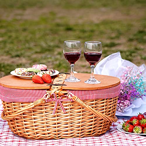 Wicker Picnic Basket with Liner, Wooden Split Lid Picnic Basket, Vintage-Style Wicker Picnic Hamper with Folding Woven Handle for Picnic, Camping, Outdoor, Valentine Day, Thanks Giving, Birthday (Red)