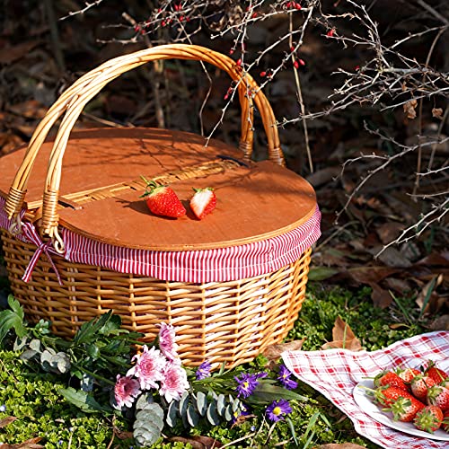 Wicker Picnic Basket with Liner, Wooden Split Lid Picnic Basket, Vintage-Style Wicker Picnic Hamper with Folding Woven Handle for Picnic, Camping, Outdoor, Valentine Day, Thanks Giving, Birthday (Red)