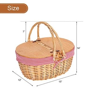 Wicker Picnic Basket with Liner, Wooden Split Lid Picnic Basket, Vintage-Style Wicker Picnic Hamper with Folding Woven Handle for Picnic, Camping, Outdoor, Valentine Day, Thanks Giving, Birthday (Red)