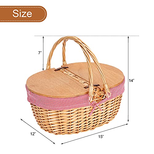 Wicker Picnic Basket with Liner, Wooden Split Lid Picnic Basket, Vintage-Style Wicker Picnic Hamper with Folding Woven Handle for Picnic, Camping, Outdoor, Valentine Day, Thanks Giving, Birthday (Red)