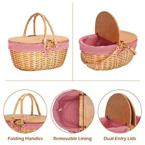 Wicker Picnic Basket with Liner, Wooden Split Lid Picnic Basket, Vintage-Style Wicker Picnic Hamper with Folding Woven Handle for Picnic, Camping, Outdoor, Valentine Day, Thanks Giving, Birthday (Red)