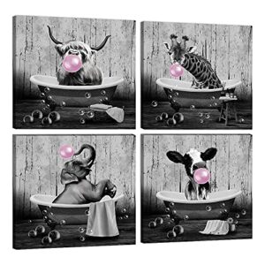 kalawa bathroom pictures wall decor set of 4 funny animal black and white bathroom decor wall art pink bubble canvas wall art highland cow giraffe elephant cows home decor framed ready to hang 12×12