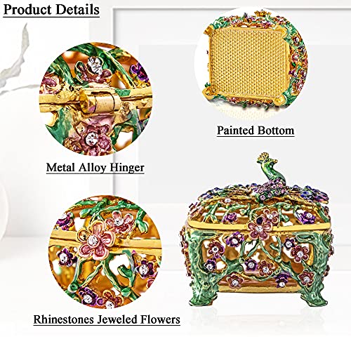 YU FENG Peacock Figurine Trinket Boxes Hinged Collectible Crystal Jeweled Enameled Ring Holder Animal Jewelry Box Dressing Table Ornament