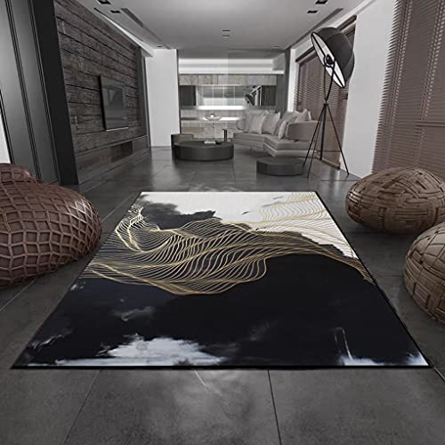 Doramei Modern Abstract Area Rugs Black and Beige Gold Lines Contemporary Carpets for Livingroom Bedroom Stylish Art Marble Waves Guestroom Playroom Coffee Table Indoor Runner 6x8ft D, 6 x 8 ft