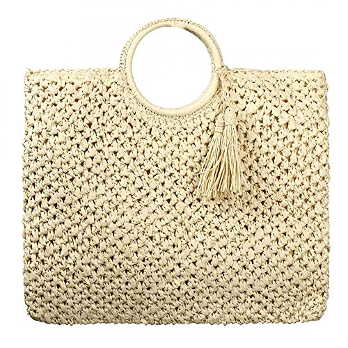 Straw Tote Bag Women Large Square Hand Woven Handbags Beach Hobo Bag for Daily Use Beach Shopping Travel (Beige)