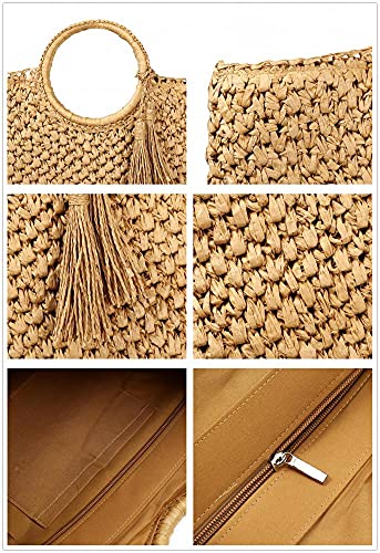 Straw Tote Bag Women Large Square Hand Woven Handbags Beach Hobo Bag for Daily Use Beach Shopping Travel (Beige)