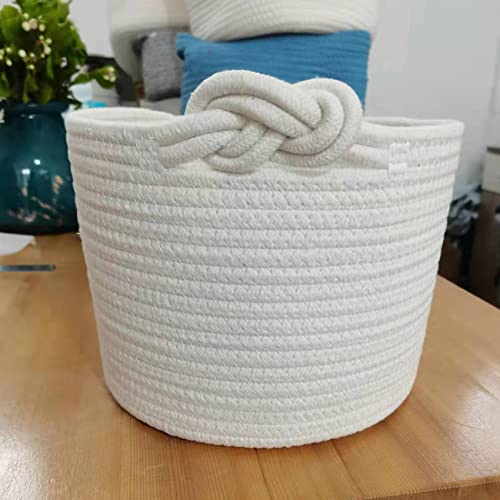 ABenkle Small Woven Basket, Cotton Rope Shelf Storage Basket, Small Round Basket, Cute Baby Basket, Decorative Round Bin for Nursery Bedroom Bathroom, 9.4" x 9.4"x 7.1" Empty Gift Basket - White