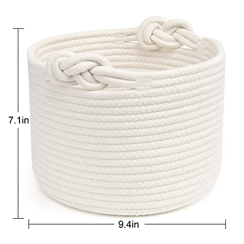 ABenkle Small Woven Basket, Cotton Rope Shelf Storage Basket, Small Round Basket, Cute Baby Basket, Decorative Round Bin for Nursery Bedroom Bathroom, 9.4" x 9.4"x 7.1" Empty Gift Basket - White