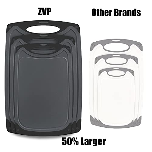 ZVP Extra Large Cutting Board for Kitchen Set of 4, Plastic Chopping Boards with Knife, Easy Grip Handle, Juice Groove, BPA Free, Dishwasher Safe, Non Slip, Non Porous, Gray Black