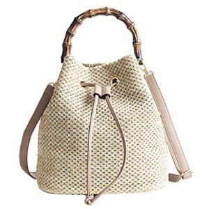 women’s bucket drawstring handbag straw shoulder bag bamboo tote crossbody bag beach bag