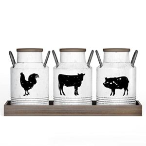 barnyard designs decorative galvanized metal jars with rustic handles, wood lids and tray, vintage farmhouse primitive country home decor jugs with farm animal designs, white, set of 3