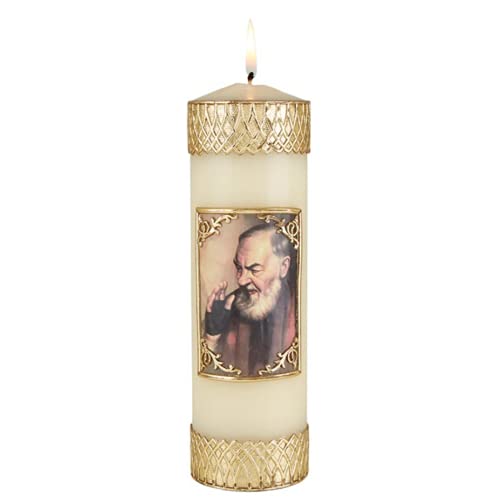 Saint Pio Prayer Candle, Serenity Pillar Candles Hand Decorated with Metallic Gold Tone Wax and Colored Image of Padre, Religious Church Supplies, 7.75 Inches