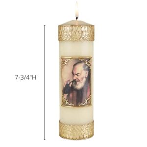 Saint Pio Prayer Candle, Serenity Pillar Candles Hand Decorated with Metallic Gold Tone Wax and Colored Image of Padre, Religious Church Supplies, 7.75 Inches