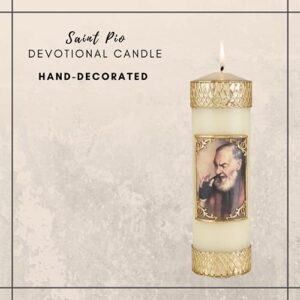 Saint Pio Prayer Candle, Serenity Pillar Candles Hand Decorated with Metallic Gold Tone Wax and Colored Image of Padre, Religious Church Supplies, 7.75 Inches