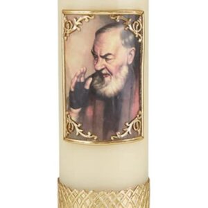 Saint Pio Prayer Candle, Serenity Pillar Candles Hand Decorated with Metallic Gold Tone Wax and Colored Image of Padre, Religious Church Supplies, 7.75 Inches