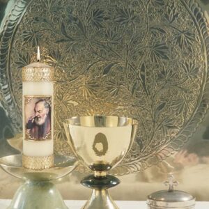 Saint Pio Prayer Candle, Serenity Pillar Candles Hand Decorated with Metallic Gold Tone Wax and Colored Image of Padre, Religious Church Supplies, 7.75 Inches