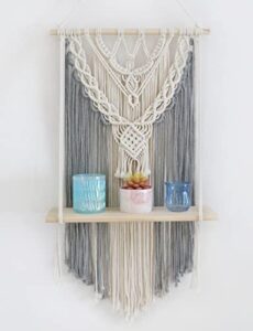 shampsen macrame hanging shelf grey floating shelves rope shelf for wall hanging plants grey boho decor for bedroom living room, gift for housewarming, 1 tier