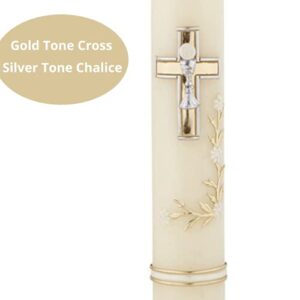 First Holy Communion Hand Decorated Taper Candle with Chalice, Cross and Host Design, Catholic Gifts for Girls and Boys, Tall Candles Church Supplies, 9.75 Inches