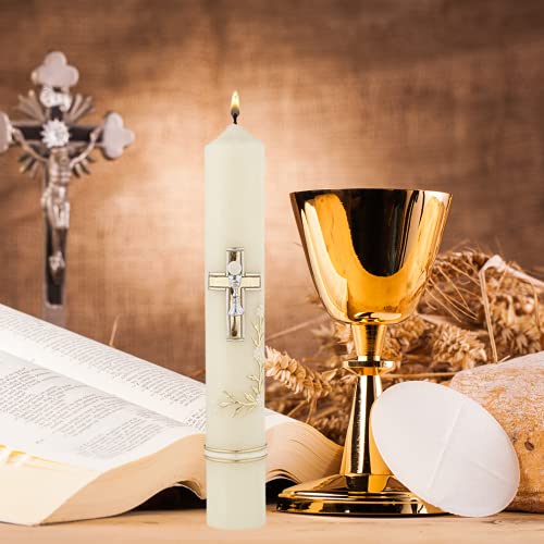 First Holy Communion Hand Decorated Taper Candle with Chalice, Cross and Host Design, Catholic Gifts for Girls and Boys, Tall Candles Church Supplies, 9.75 Inches