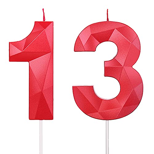 13th Birthday Candles,3D Diamond Shape Number 13 Candles Happy Birthday Cake Topper Numeral Candles Decoration for Reunions Theme Party Anniversary Birthday Party Supplies (Red,13)