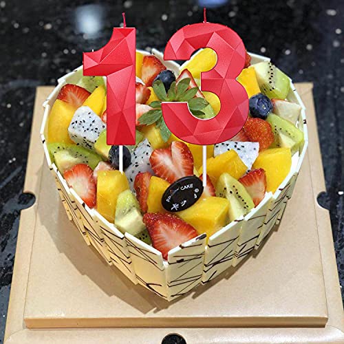 13th Birthday Candles,3D Diamond Shape Number 13 Candles Happy Birthday Cake Topper Numeral Candles Decoration for Reunions Theme Party Anniversary Birthday Party Supplies (Red,13)