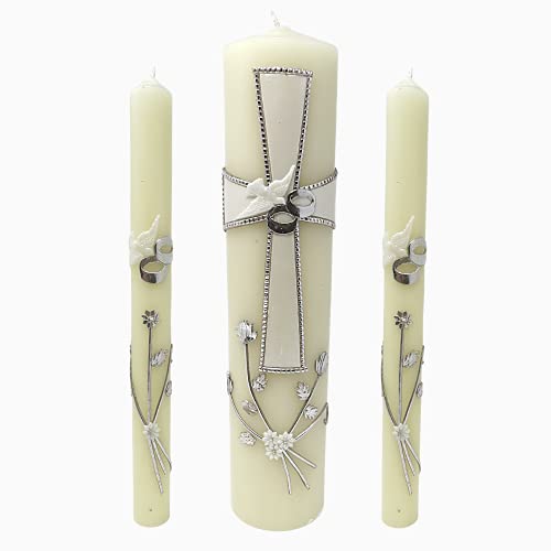 Unity Candle Set for Weddings, Centerpiece Wedding Candles with Silver Tone Accent Cross, Rings and Flowers, Religious Symbolic Marriage Ceremony Decorations, 3 Pack