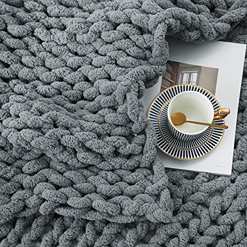 Sunyrisy Chunky Knit Throw Blanket, Luxury Soft Cozy Chenille Throw Blanket, Large Throw Bed Blanket for Couch, Sofa, Home Decor,Gift - Machine Washable (Dark Gray 50x60 in)