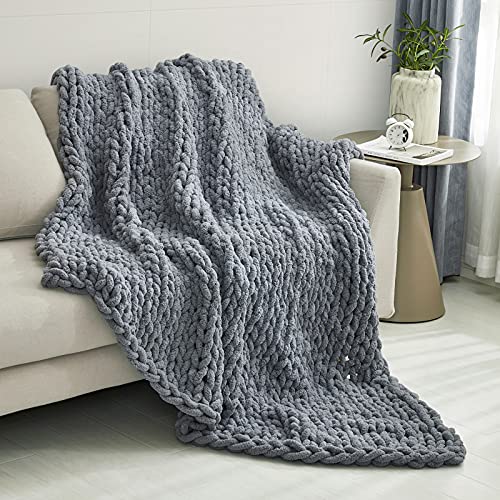 Sunyrisy Chunky Knit Throw Blanket, Luxury Soft Cozy Chenille Throw Blanket, Large Throw Bed Blanket for Couch, Sofa, Home Decor,Gift - Machine Washable (Dark Gray 50x60 in)