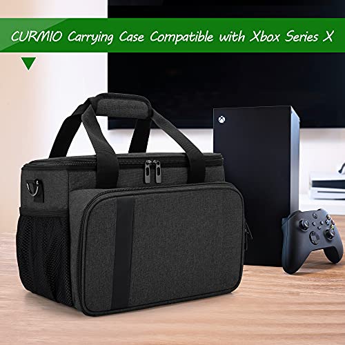 CURMIO Game Console Carrying Case Compatible with Xbox Series X, Portable Carrying Bag with Shoulder Strap for Controllers, Cables, Headsets, Ideal for Game Player, Black, Patent Pending, Bag Only