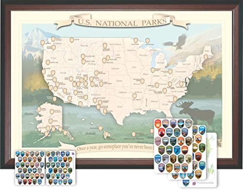 National Parks Map Push Pin, 3D Domed Stickers with 1 x 1.5 inch collection for passport book | Poster travel map in mahogany/black frame | Large map