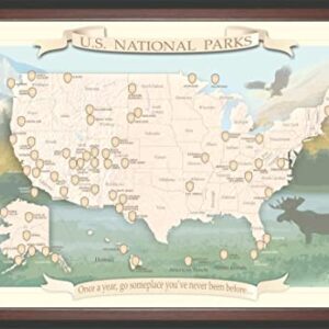 National Parks Map Push Pin, 3D Domed Stickers with 1 x 1.5 inch collection for passport book | Poster travel map in mahogany/black frame | Large map