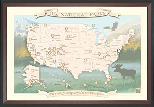 National Parks Map Push Pin, 3D Domed Stickers with 1 x 1.5 inch collection for passport book | Poster travel map in mahogany/black frame | Large map