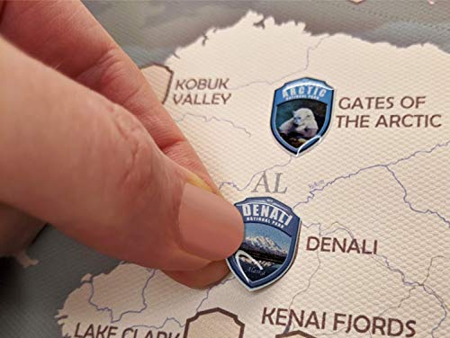 National Parks Map Push Pin, 3D Domed Stickers with 1 x 1.5 inch collection for passport book | Poster travel map in mahogany/black frame | Large map