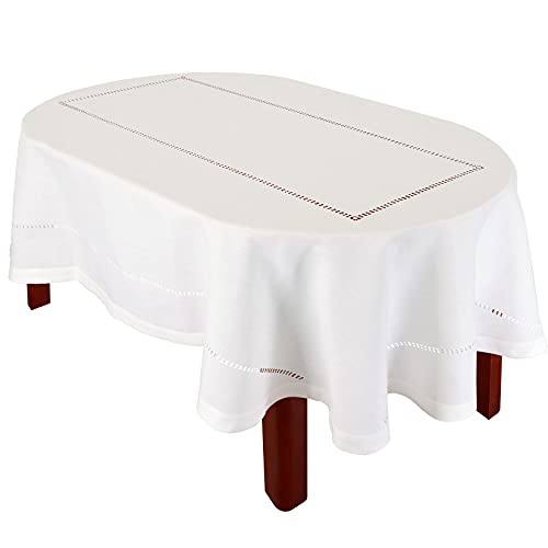 Grelucgo Solid Color Double Hemstitched Dining Tablecloth (Off White, Oval 60x84 inches)