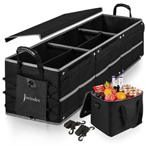 collapsible trunk organizer for car with insulated leak proof cooler bag, 3 compartments suv cargo organizer removable dividers, 5 in1 car storage organizer with foldable lid,2 tie-down straps(black)