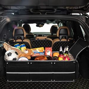 Collapsible Trunk Organizer for Car with Insulated Leak proof Cooler Bag, 3 Compartments SUV Cargo Organizer Removable Dividers, 5 in1 Car Storage Organizer with Foldable Lid,2 Tie-Down Straps(Black)