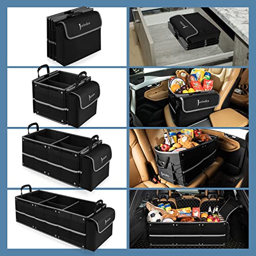 Collapsible Trunk Organizer for Car with Insulated Leak proof Cooler Bag, 3 Compartments SUV Cargo Organizer Removable Dividers, 5 in1 Car Storage Organizer with Foldable Lid,2 Tie-Down Straps(Black)