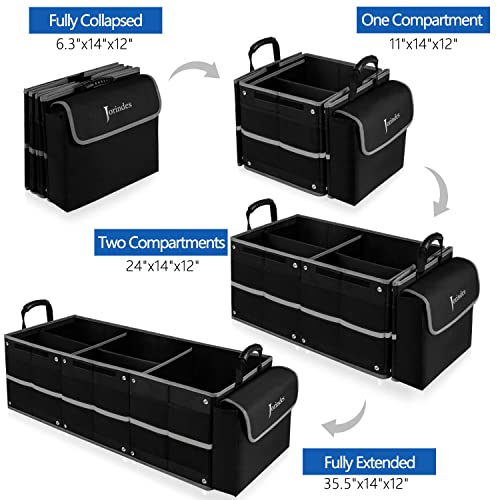 Collapsible Trunk Organizer for Car with Insulated Leak proof Cooler Bag, 3 Compartments SUV Cargo Organizer Removable Dividers, 5 in1 Car Storage Organizer with Foldable Lid,2 Tie-Down Straps(Black)