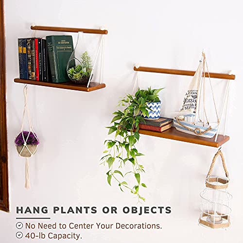 HELYA DESIGN Hanging Bookshelf for Wall Set of 2 | Stunning Solid Pine Hanging Book Shelves for Wall. 40LB Max | Macrame Rope Floating Bookshelves for Nautical Decor | Varnished Hanging Book Shelf