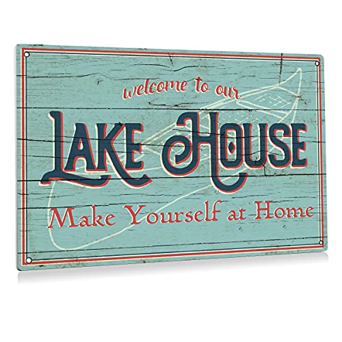 BEASTZHENG Rustic Welcome to Our Lake House Metal Tin Sign Wall Decor Farmhouse Beach Sign Gifts