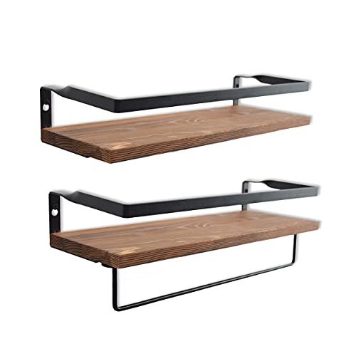 Montle Home Wood Storage Shelves, Wall Mounted Floating Shelves for Bathroom and Kitchen in Carbonized Natural, Set of 2