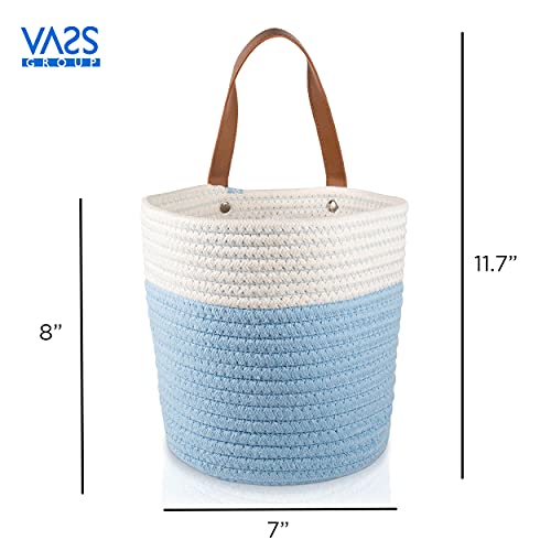 VASS Group 2-Pack 100% Cotton Rope Baskets with Leather Handles – 8”x 7” Sturdy Hanging Woven Wall Storage Bins for Home Decor Organizing – Blue