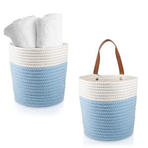 VASS Group 2-Pack 100% Cotton Rope Baskets with Leather Handles – 8”x 7” Sturdy Hanging Woven Wall Storage Bins for Home Decor Organizing – Blue