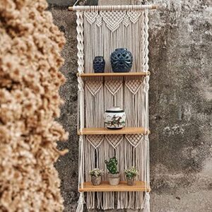 ELASAD Macrame Wall Hanging Plant Shelf, 3-Tier Macrame Shelves Boho Bathroom Shelf, Handmade Boho Floating Shelves for Plants and Decor