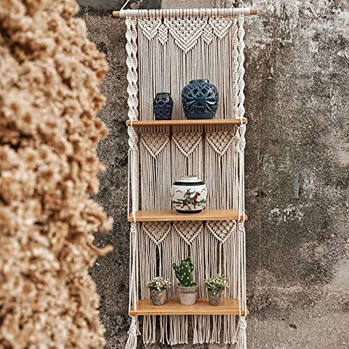 ELASAD Macrame Wall Hanging Plant Shelf, 3-Tier Macrame Shelves Boho Bathroom Shelf, Handmade Boho Floating Shelves for Plants and Decor