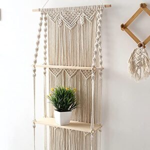 ELASAD Macrame Wall Hanging Plant Shelf, 3-Tier Macrame Shelves Boho Bathroom Shelf, Handmade Boho Floating Shelves for Plants and Decor