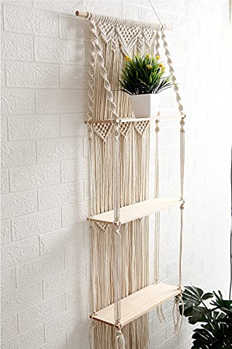 ELASAD Macrame Wall Hanging Plant Shelf, 3-Tier Macrame Shelves Boho Bathroom Shelf, Handmade Boho Floating Shelves for Plants and Decor