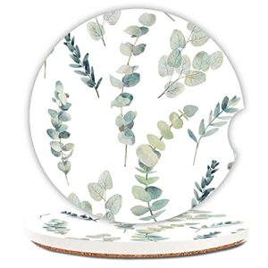 green leaf watercolor floral absorbent cup holders car coasters,ceramic stone drinks coaster set for women man 2.56″(2 pack)