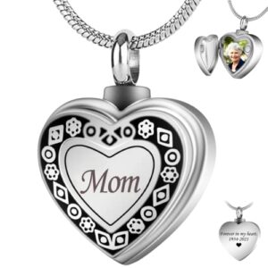 bivei customized heart urn necklace for ashes, personalized urn locket with picture &text – cremation jewelry for ashes for grandma/mom(silver)